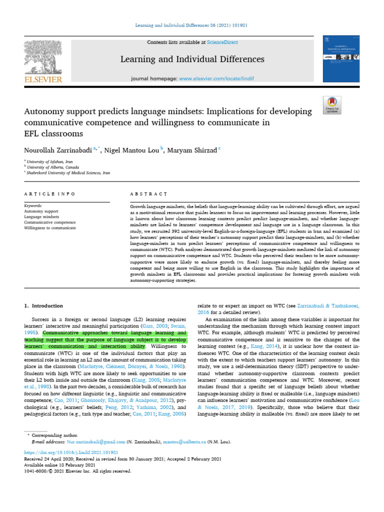 Autonomy Support Predicts Language Mindsets - Implications For Developing Communicative ...