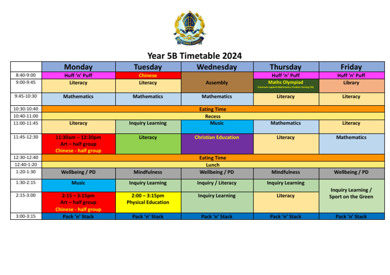 Year 5B Timetable - Sem 1 - 2024 | PDF | Mathematics | Learning