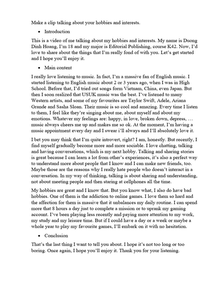Make a clip talking about your hobbies and interests | PDF