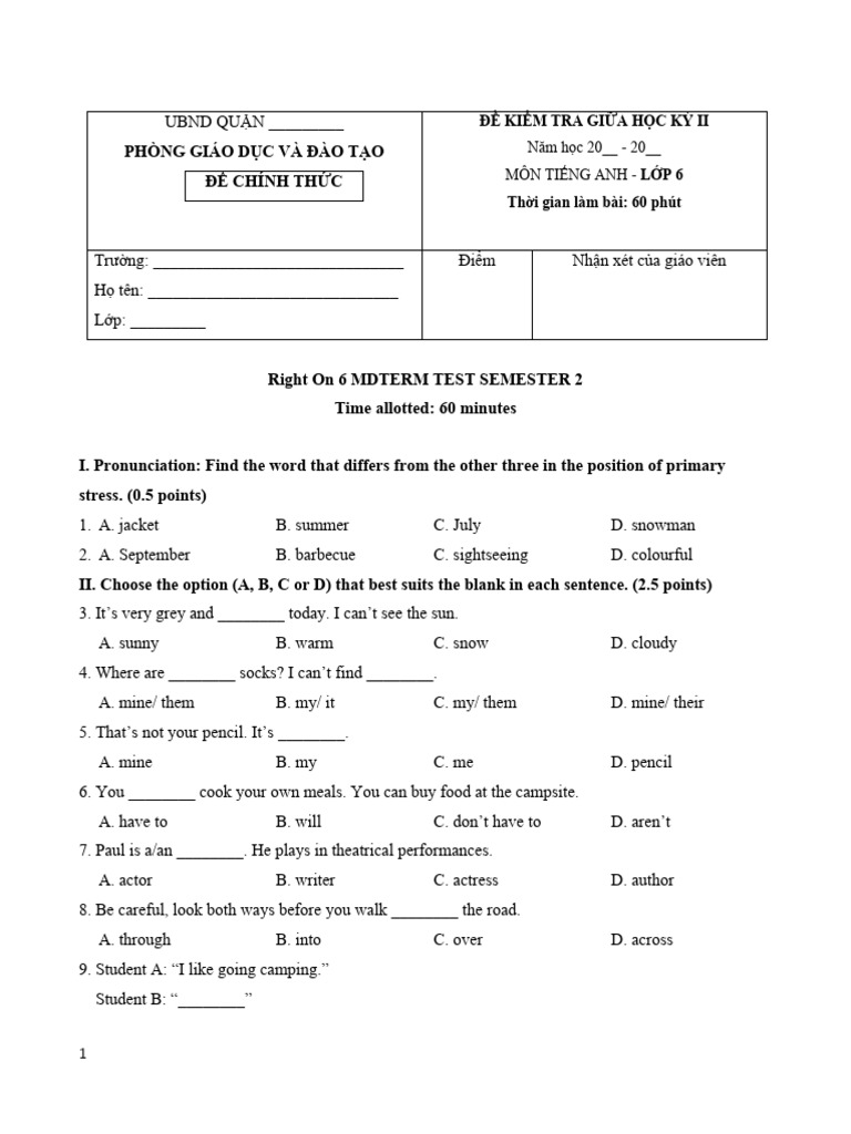 Đề KT giữa HK2 TA6 Right On | PDF