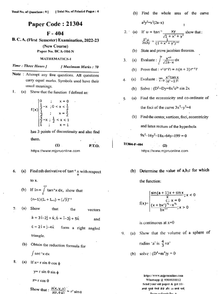 Bca 1 Sem Mathematics 1 21304 2023 | PDF
