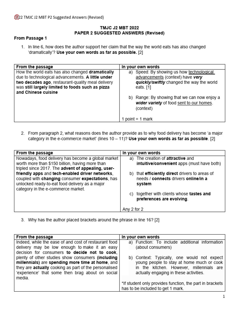 TMJC MBT 2022 P2 Suggested Answers (Revised) - Updated | PDF | Cost Of ...