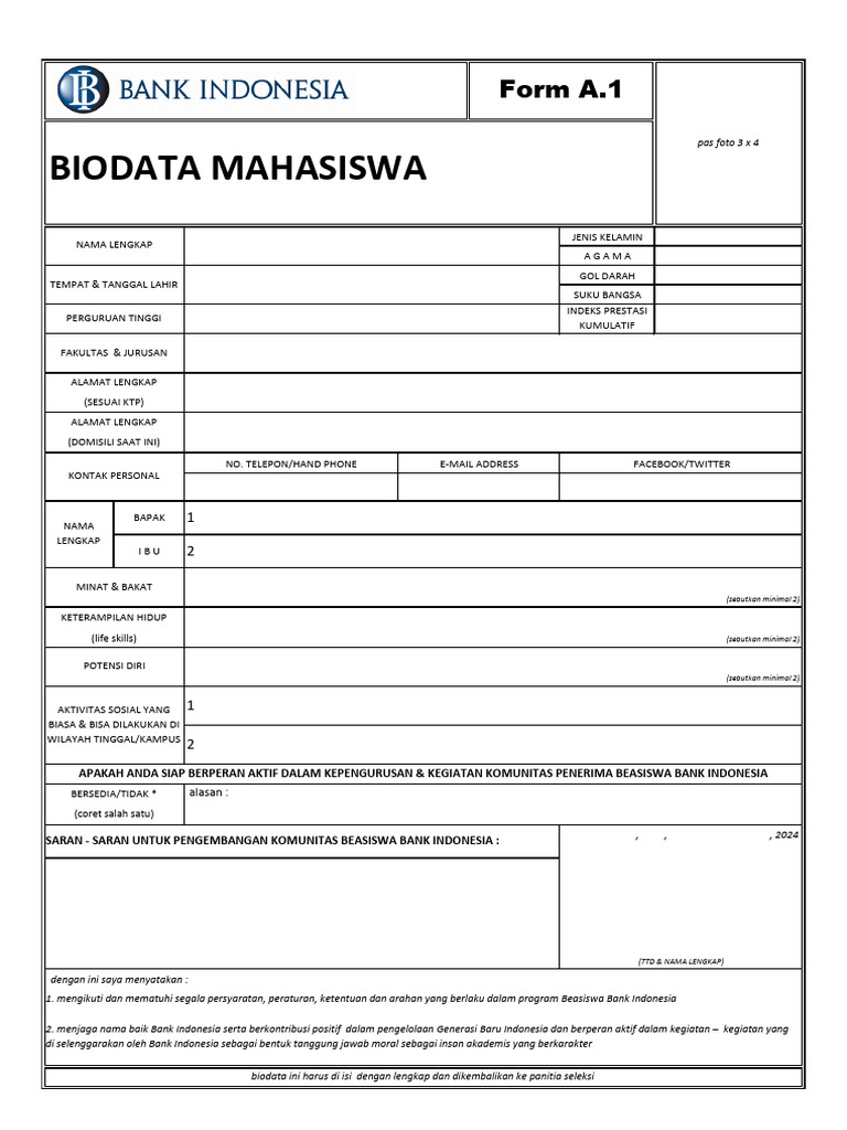 Form Biodata Beasiswa Bank Indonesia | PDF