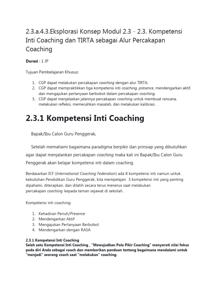 Modul 2.3.a.4.3.eksplorasi Konsep Modul 2.3 - 2.3. Kompetensi Inti Coaching Dan TIRTA Sebagai ...