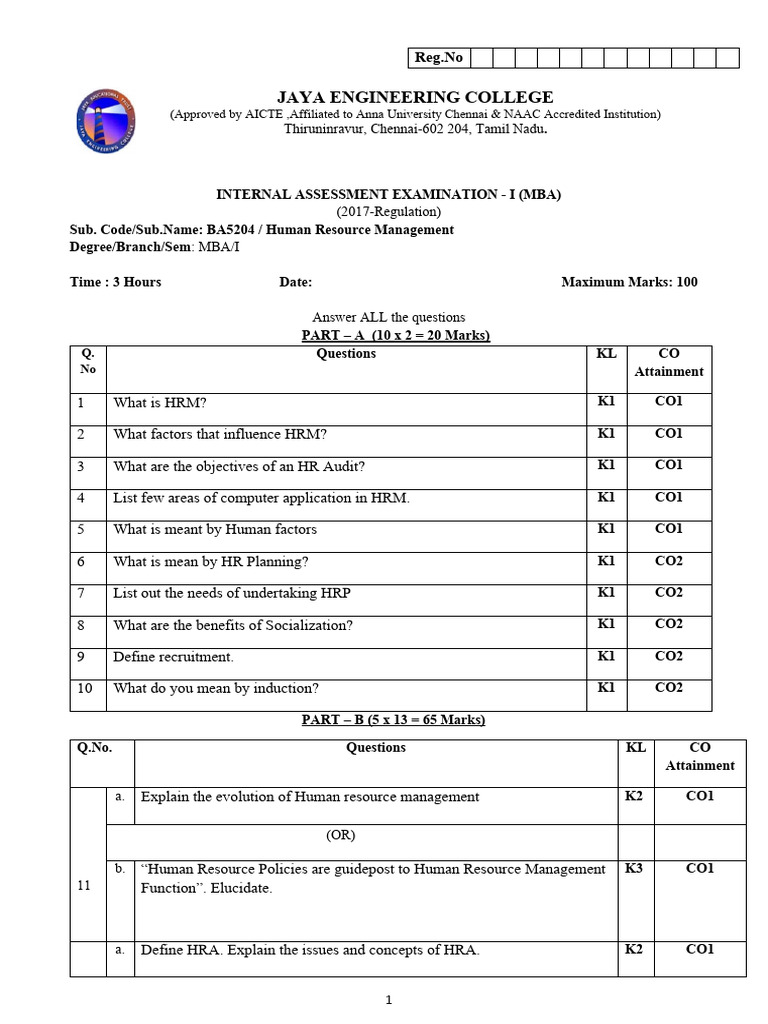 HRM Iat 1 QP | PDF | Human Resource Management | Business