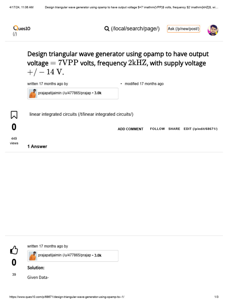 Design Triangular Wave Generator Using Opamp to Have Output Voltage $=7 ... Design Triangular Wave Generator Using Opamp to Have Output Voltage $=7 ...