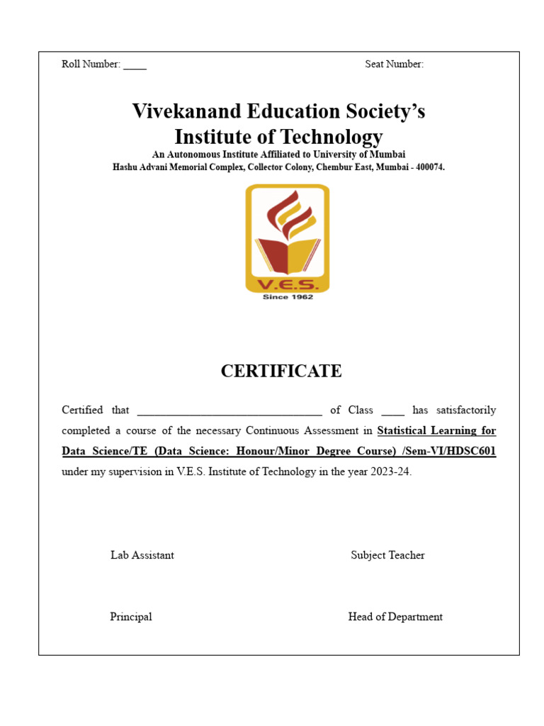 Statistical Learning Course Certificate | PDF