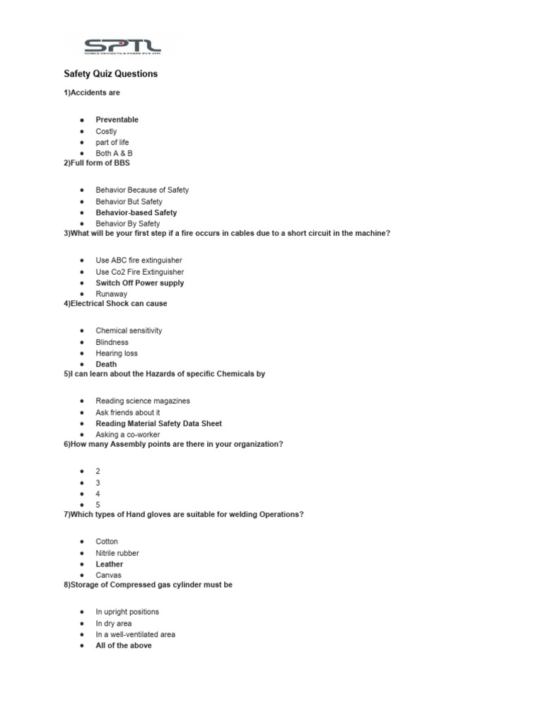 Safety Quiz Questions | PDF | Personal Protective Equipment | Fires