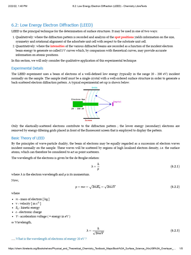 Low Energy Electron Diffraction (LEED) | PDF | Electron | Motion (Physics)
