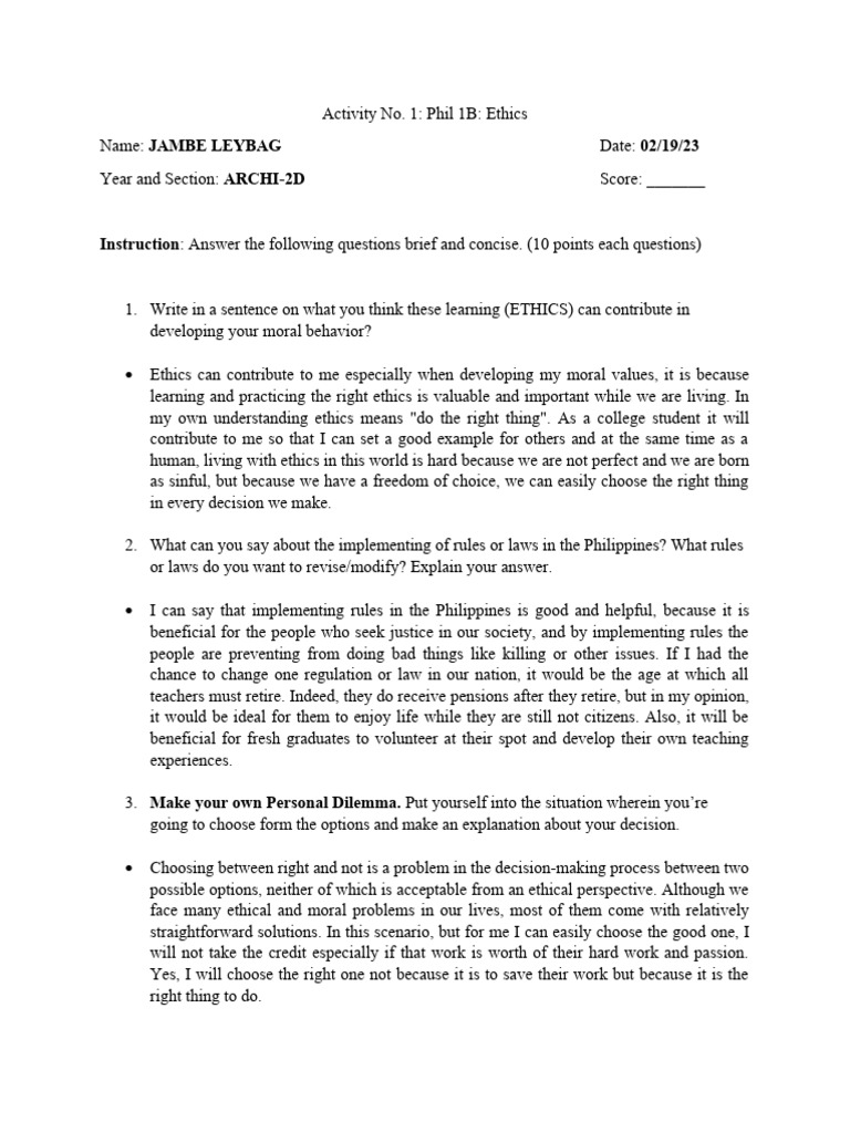 Activity No. 1 PHL 1B Ethics - Midterm | PDF | Learning | Psychology