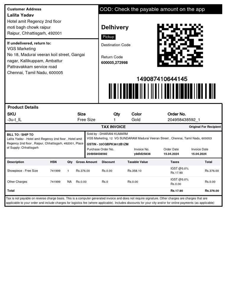 Sub Order Labels | Download Free PDF | Invoice | Taxes