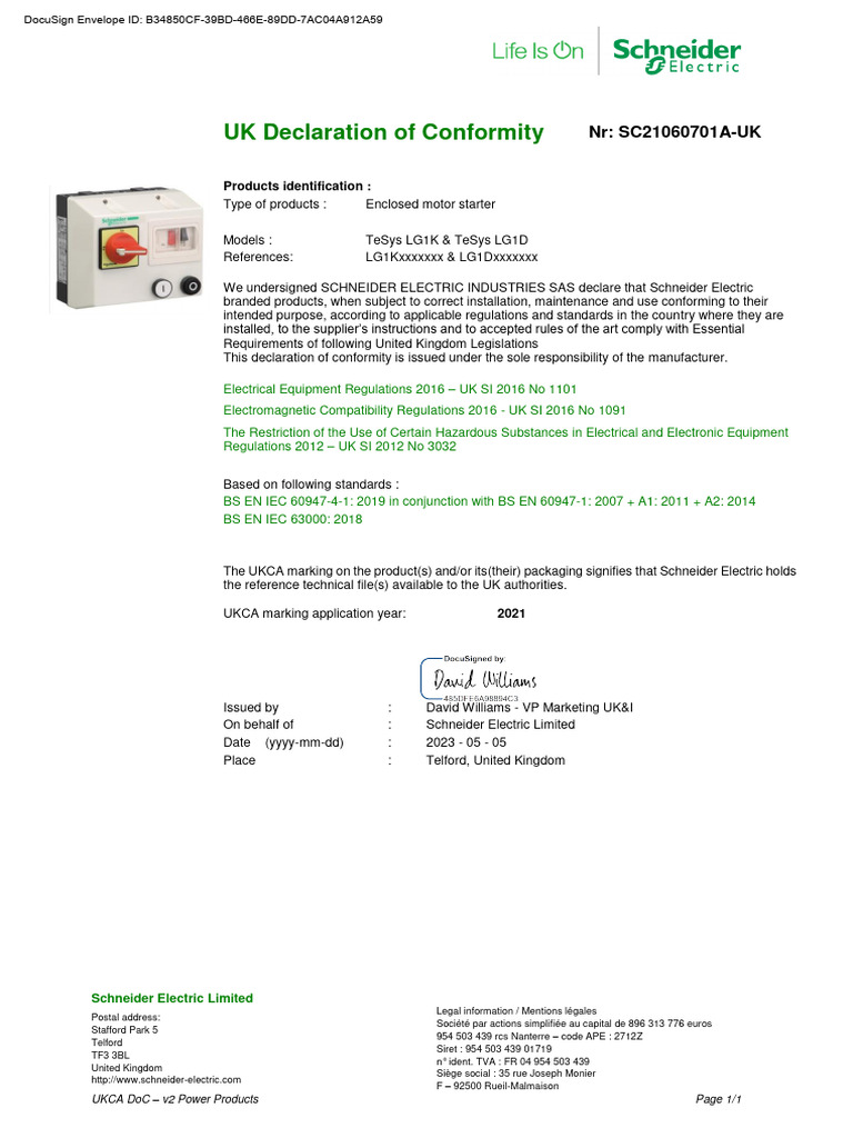 UKCA Declaration for Motor Starters | PDF