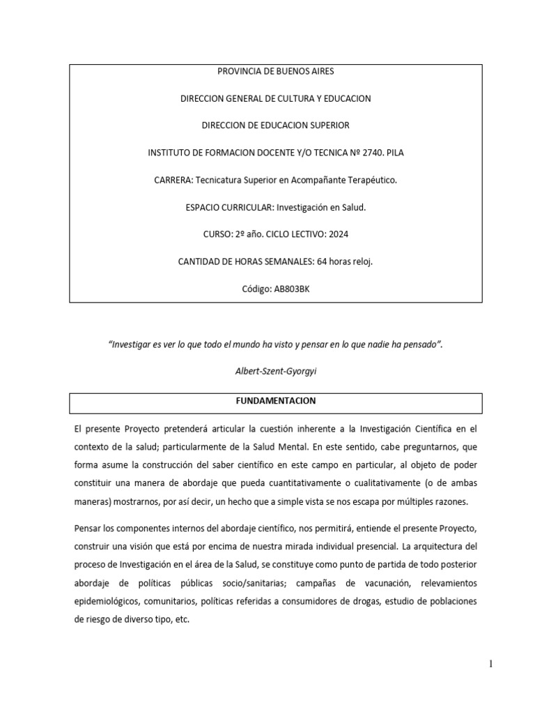 Proyecto Tec. Superior en Acompañante Terapeutico. Investigacion en Salud. Pila 2024 | PDF ...
