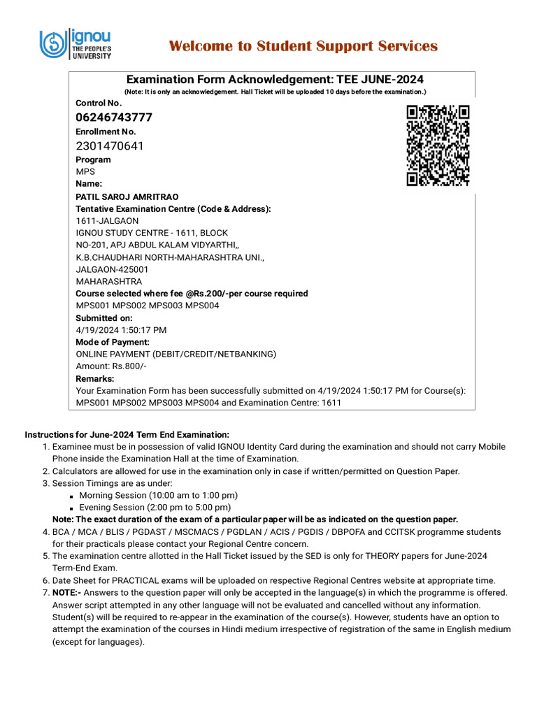 IGNOU__ Examination Form Acknowledgement | PDF | Payments | Banking ...