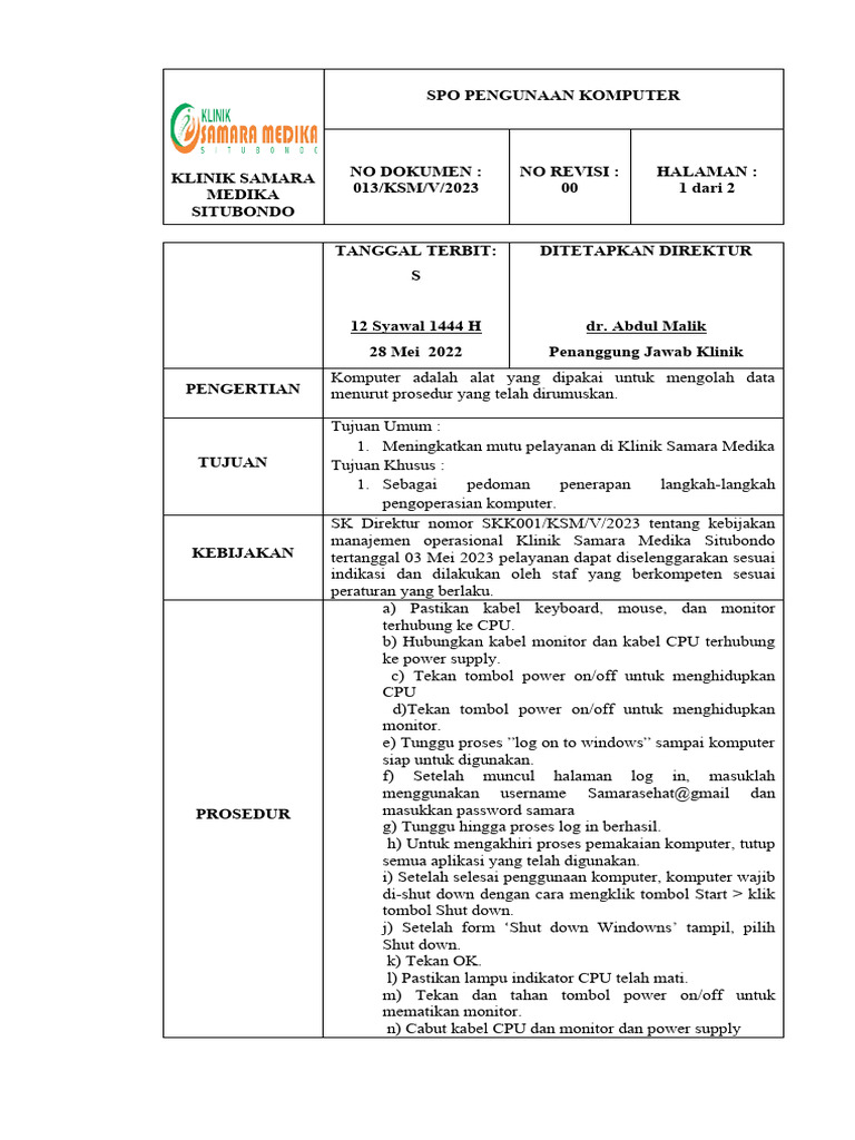 Sop Penggunaan Komputer | PDF