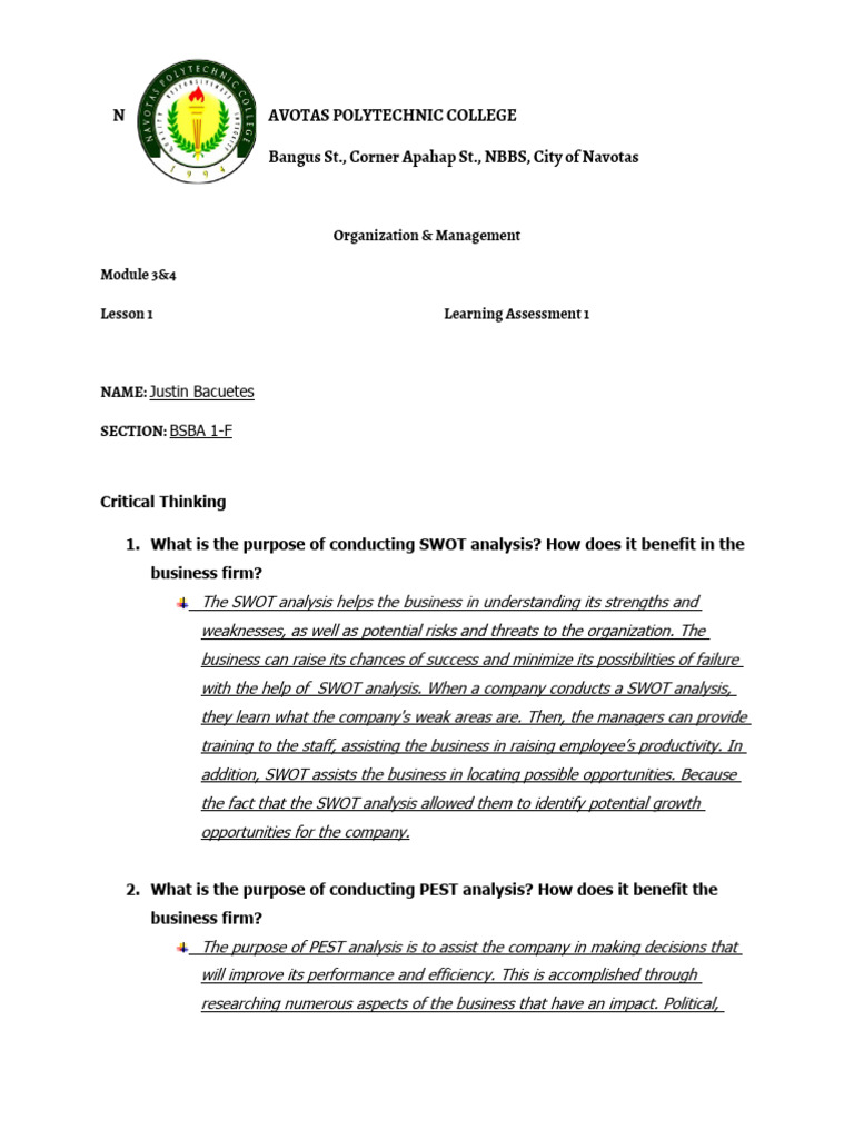 Module 3 4 Lesson 1 Learning Assessment 1 (Answered) | PDF