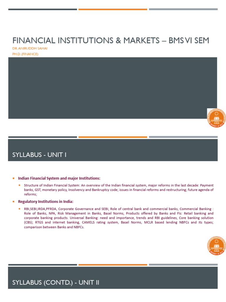 Financial Institutions & Markets - BMS VI Sem - Unit 1, 2 and 3 | PDF | Securities (Finance) | Banks