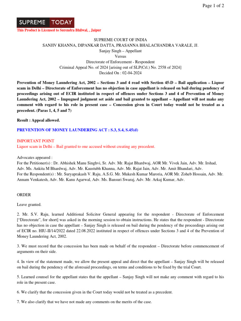 Sanjay Singh VS Directorate of Enforcement | PDF | Appeal | Bail Sanjay Singh VS Directorate of Enforcement | PDF | Appeal | Bail