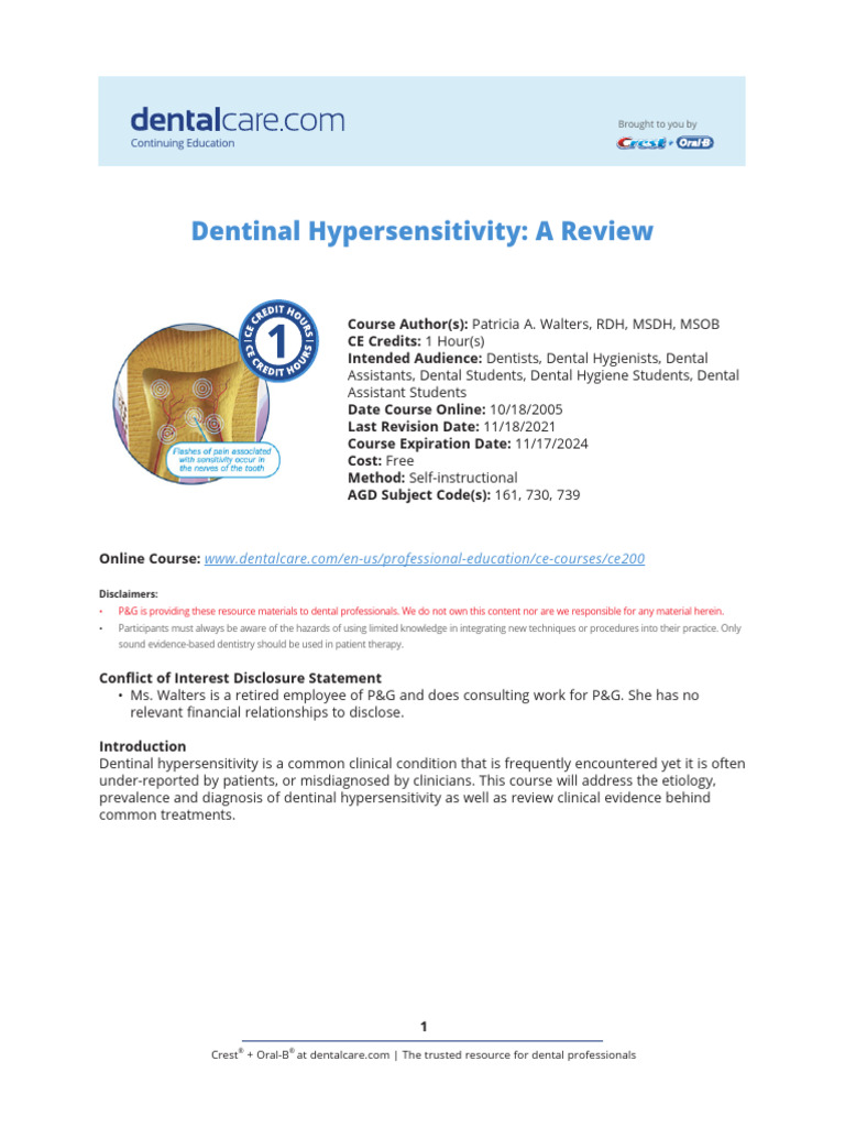 Dentinal Hypersensitivity: A Review: Continuing Education | Download Free PDF | Human Tooth | Mouth