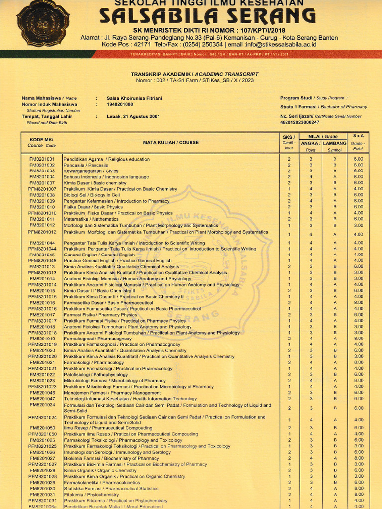 Pharmacy Student Transcript | PDF | Pharmacology | Physical Sciences