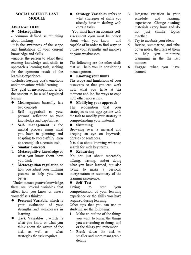 Social Science Last Module | PDF | Metacognition | Learning