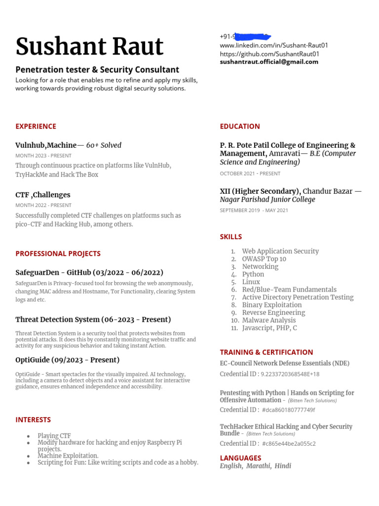 Sushant Raut Resume Temp | PDF | Security | Computer Security