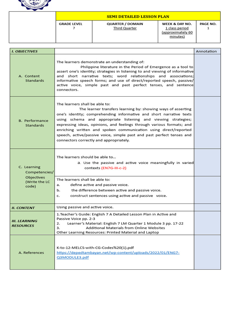 Grade 7 Lesson Plan: Active & Passive Voice | PDF | Lesson Plan | Learning