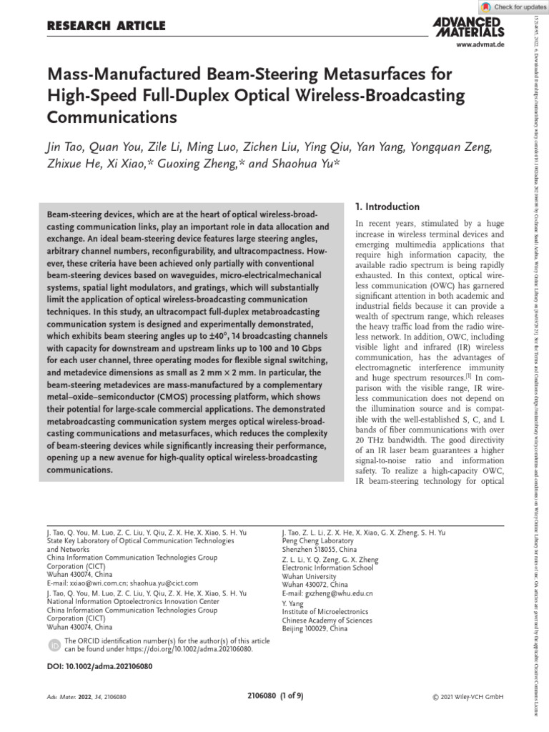2021-Mass-Manufactured Beam-Steering Metasurfaces | PDF | Polarization (Waves) | Optics
