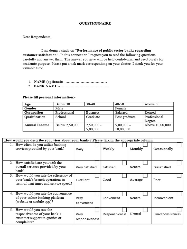 QUESTIONNAIRE | PDF | Banks | Service Industries