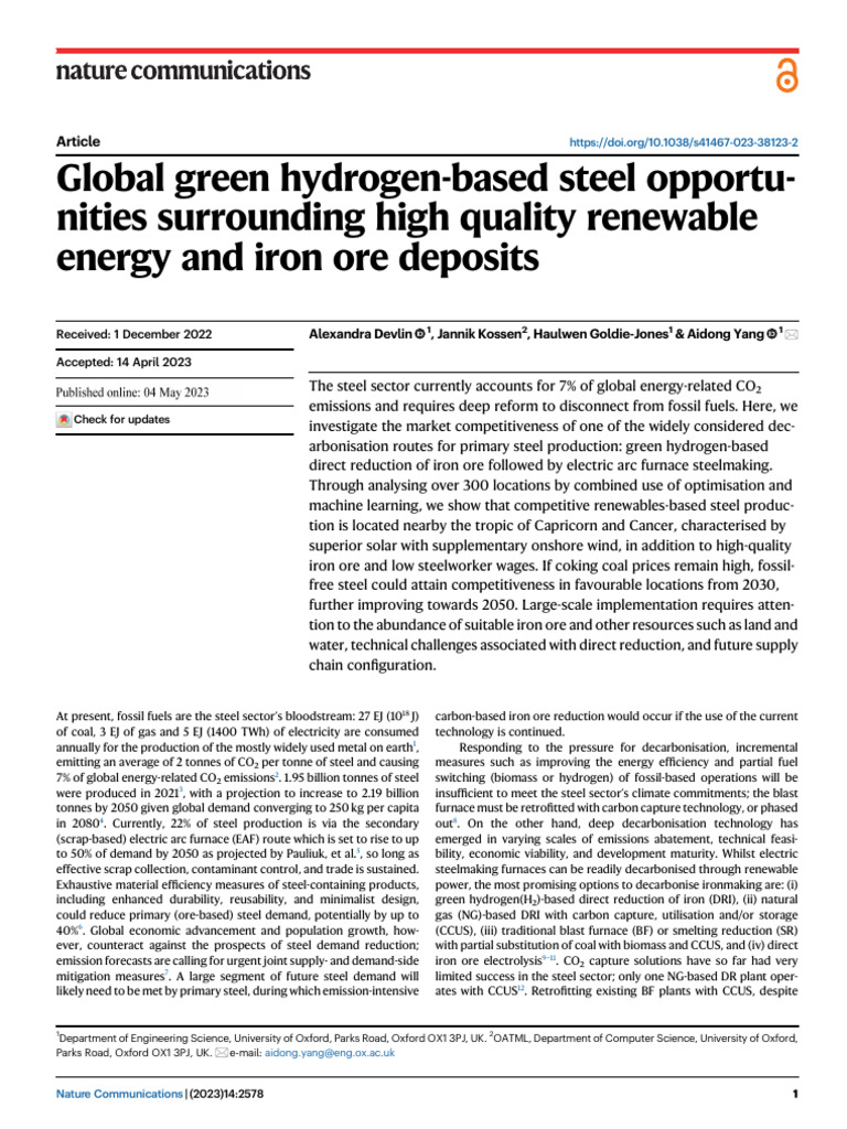 (Article) Global Green Hydrogen-Based Steel Opportunities | PDF ...