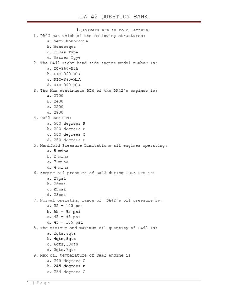 Da 42 Question Bank For Dgca Exams | PDF | Horsepower | Landing Gear Da 42 Question Bank For Dgca Exams | PDF | Horsepower | Landing Gear
