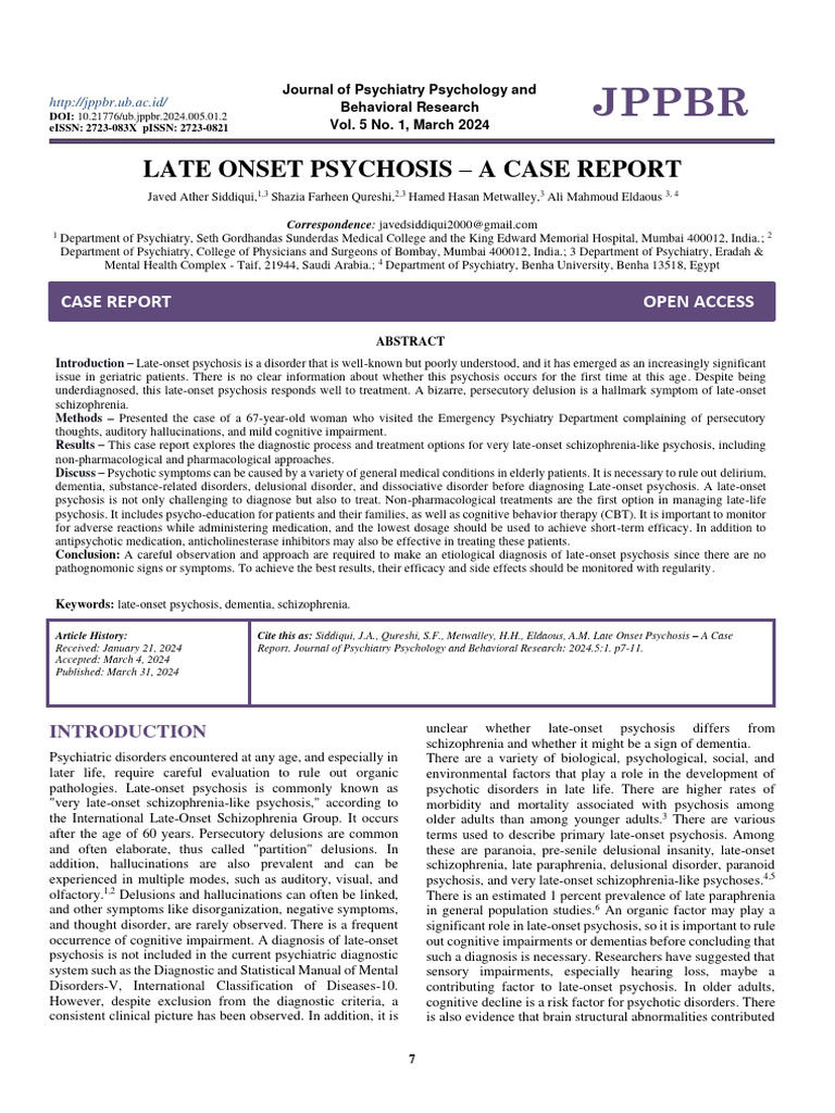 Late Onset Psychosis - A Case Report | Download Free PDF | Psychosis ...