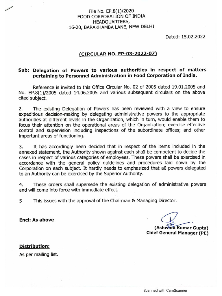 FCI Delegation of Power Addendum | PDF