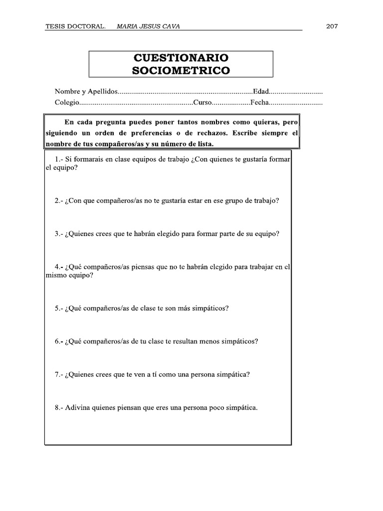 Cuestionario Sociométrico | PDF