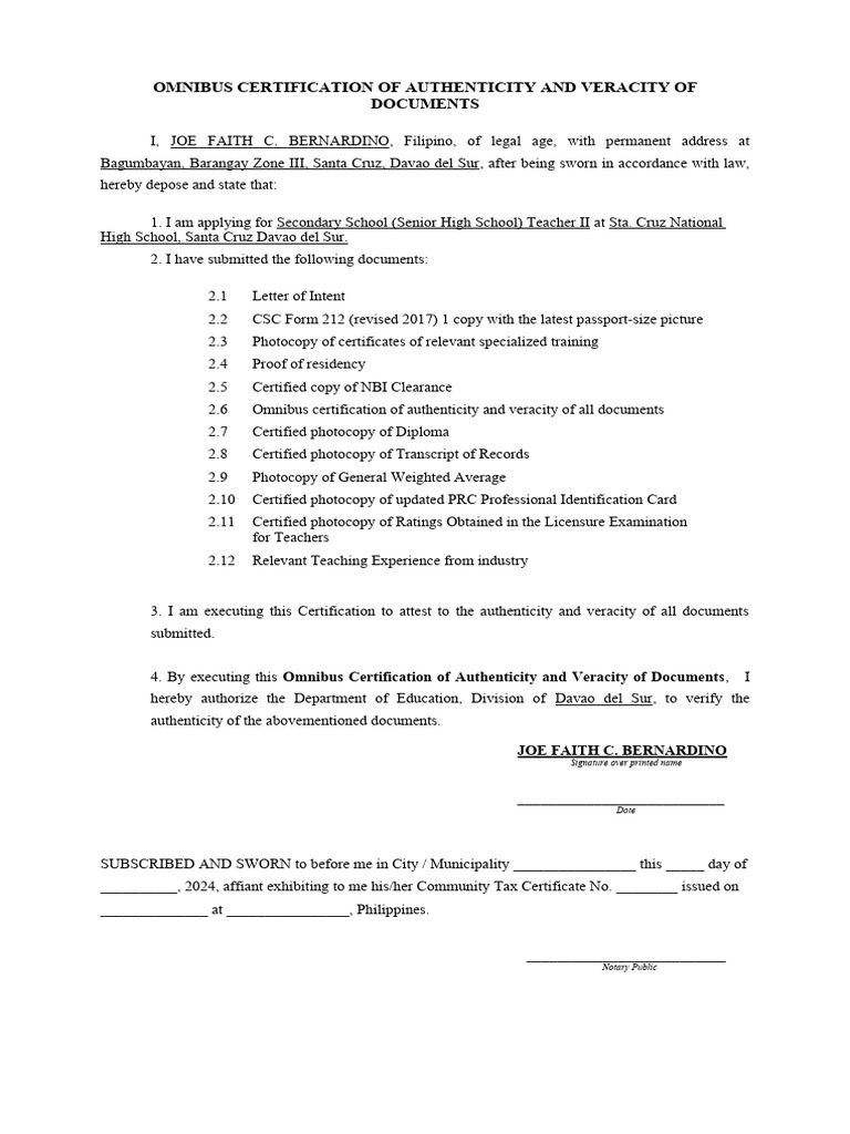 Omnibus Certification of Authenticity and Veracity of Documents | PDF