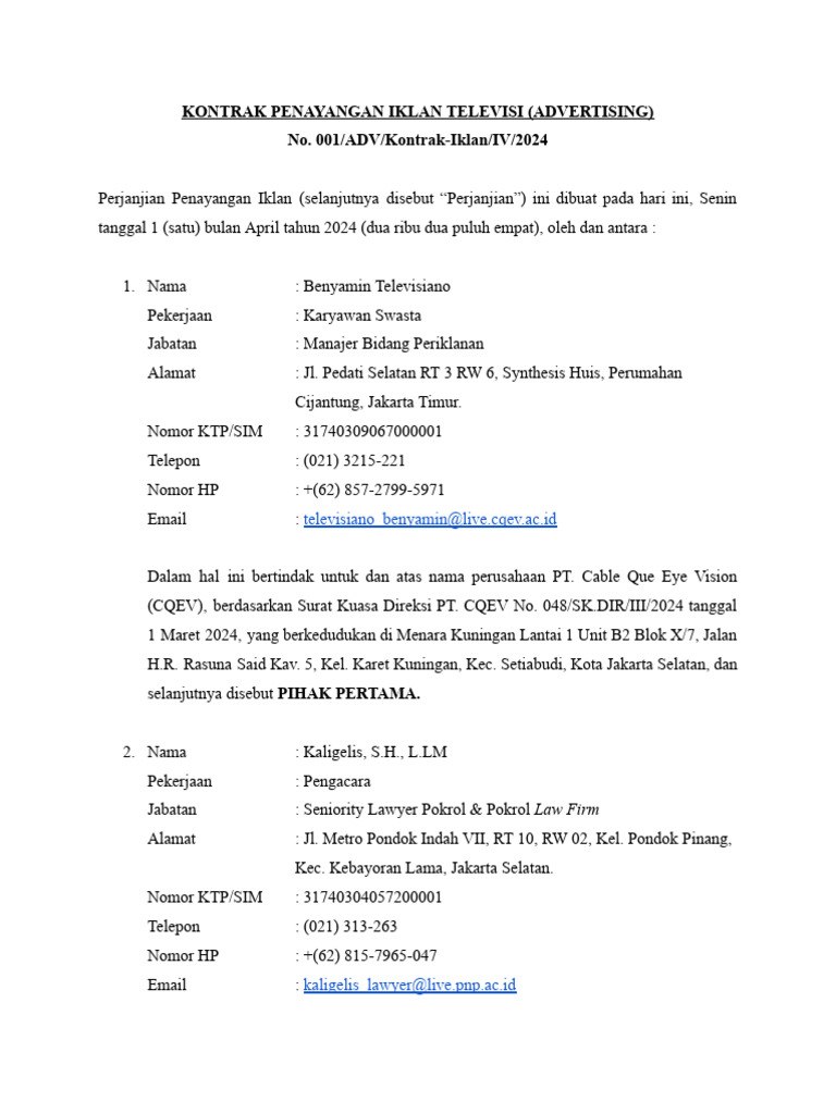 Contoh Kontrak Penayangan Iklan Televisi | PDF