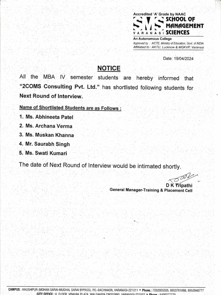 2COMS Consulting Pvt. Ltd. - Interview - Notice | PDF