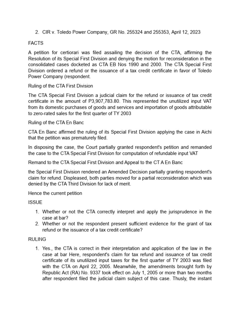 CIR v. Toledo Power Company | PDF | Value Added Tax | Taxes