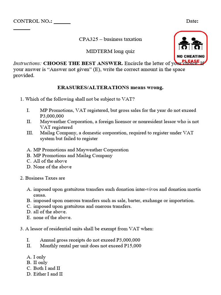 Midterm Long Quiz Tax2 | PDF | Value Added Tax | Taxes