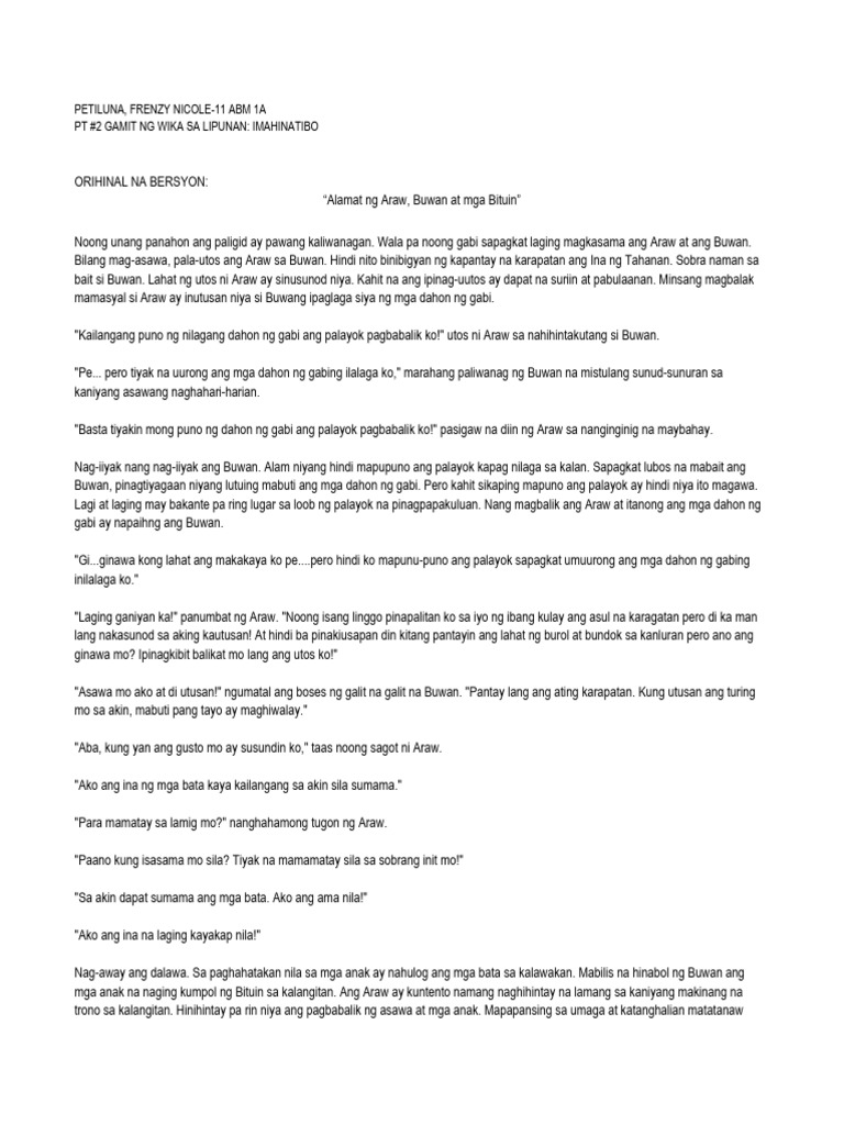 Alamat NG Araw, Buwan at Mga Bituin | PDF