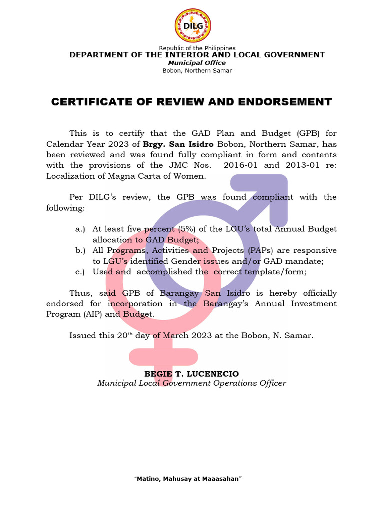 Certificate of Review and Endorsement (GAD) 2023 | PDF