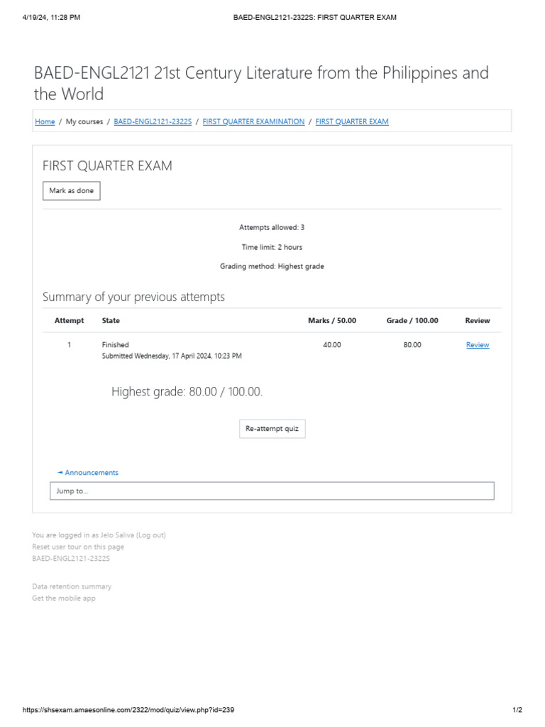 Baed-Engl212 - First Quarter Exam | PDF