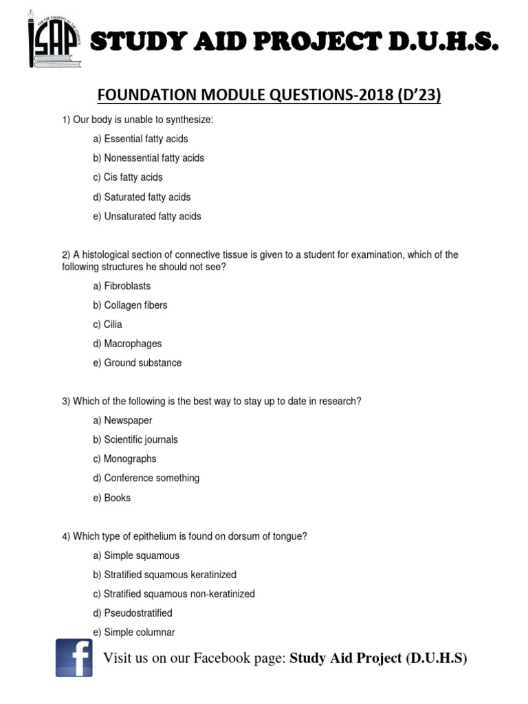 Foundation Module Questions 2018 D'23 | PDF | Epithelium | Meiosis