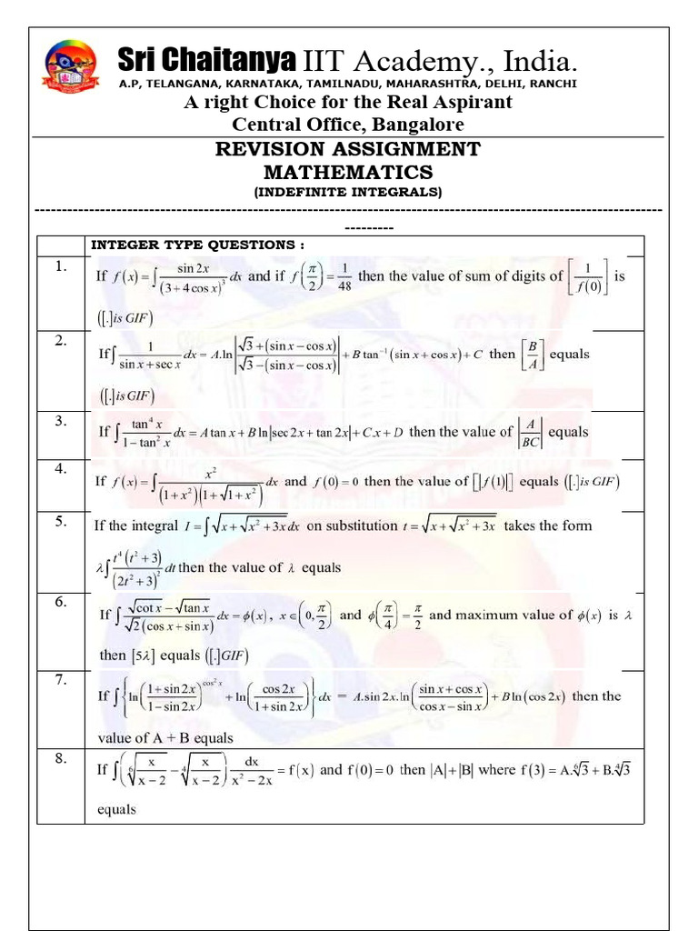 #1 MAT REV - Assn W-4!23!08-2023 (Indefinite Integrals) | PDF | Mathematical Objects | Mathematics