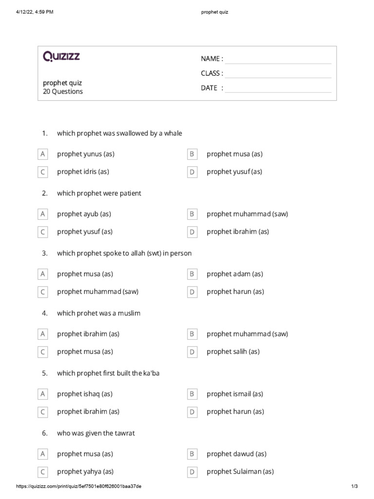 Prophet Quiz Pdf Prophets And Messengers In Islam Muhammad
