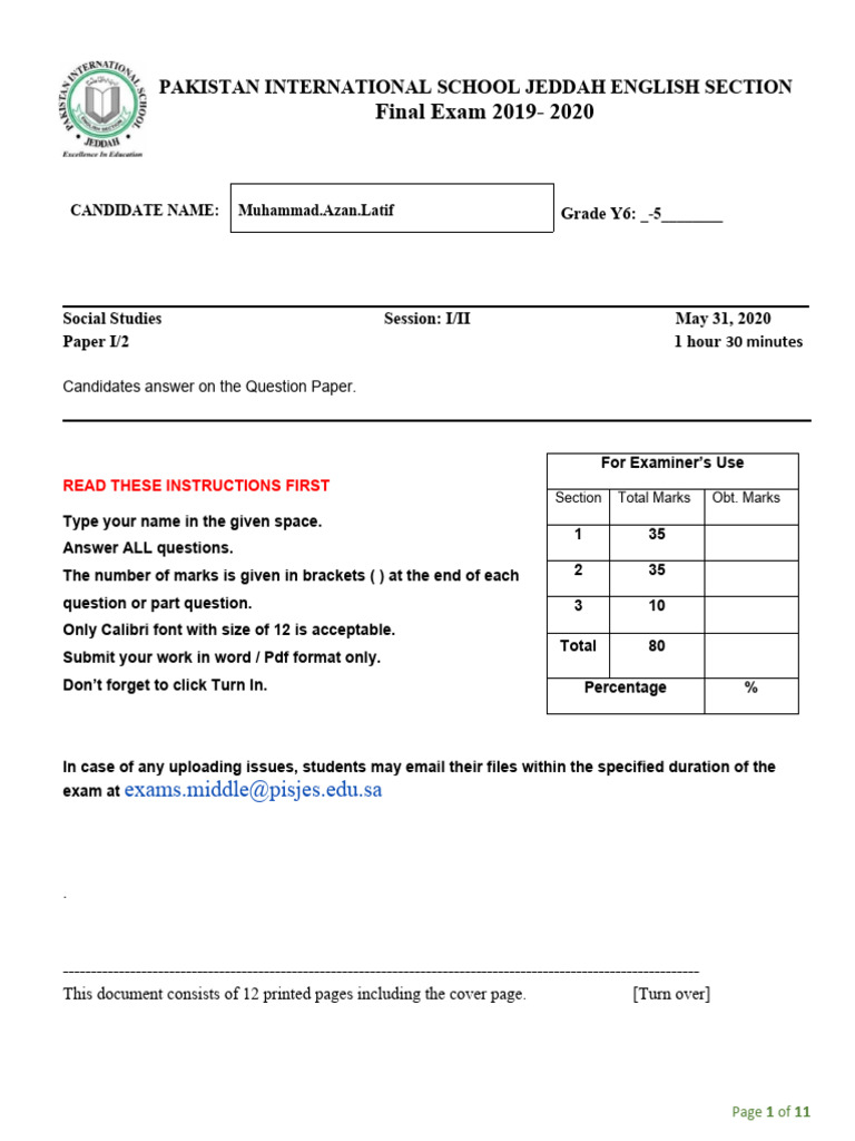 Social Studies - Final Exam Paper - Muhammad - Azan.Latif - Y6-5 | PDF ...