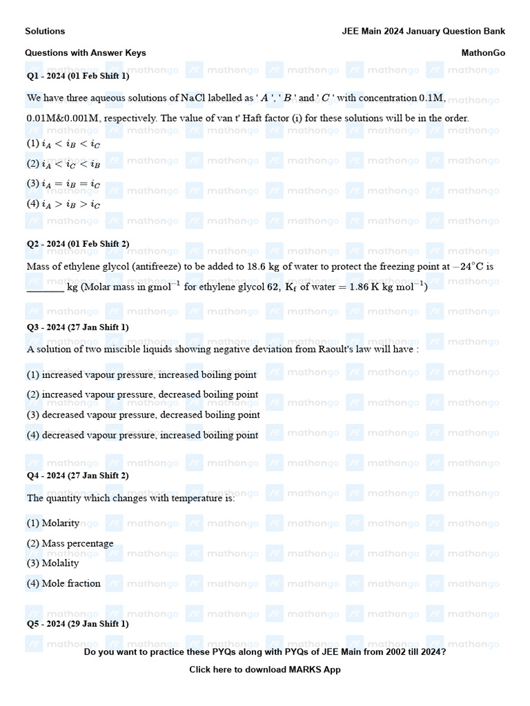 Solutions - JEE Main 2024 January Question Bank - MathonGo | PDF ...