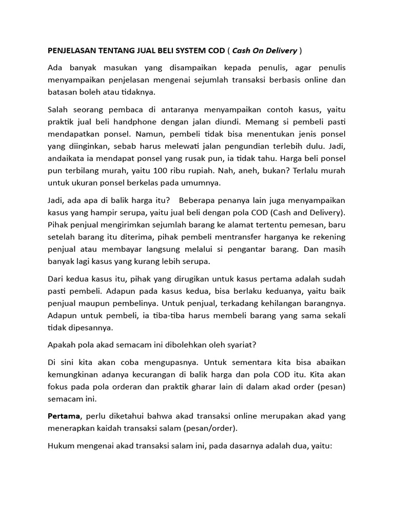 Penjelasan Tentang Jual Beli System Cod | PDF | Pengelolaan Keuangan & Uang | Hukum