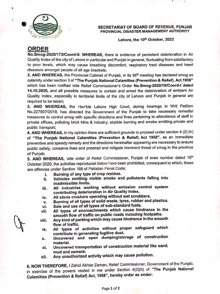 Smog Ban and Fine Order 2022 | PDF
