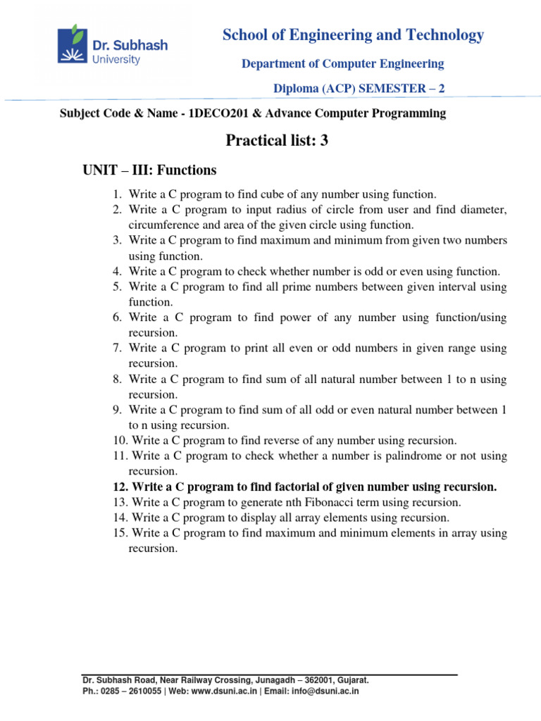 C Programming Functions Practical List | PDF